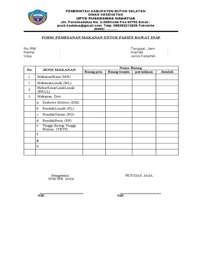 3.5 FORM PEMESANAN MAKANAN UNTUK PASIEN RAWAT INAP | PDF