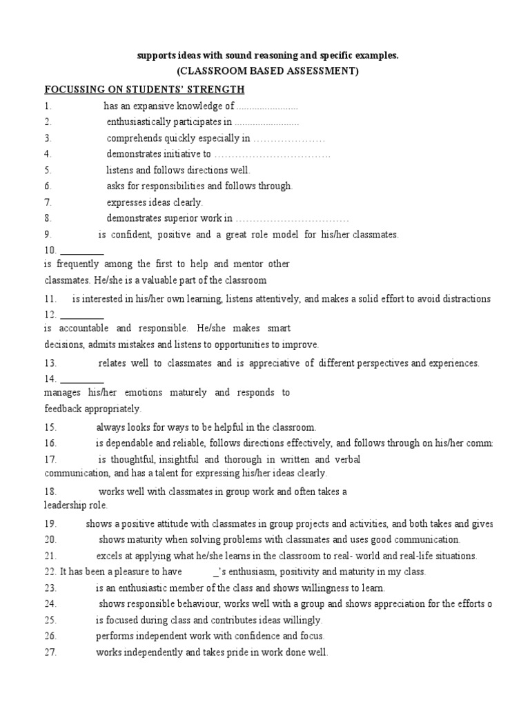 Examples of Teacher's Comments To Be Included in The PBD Template | PDF