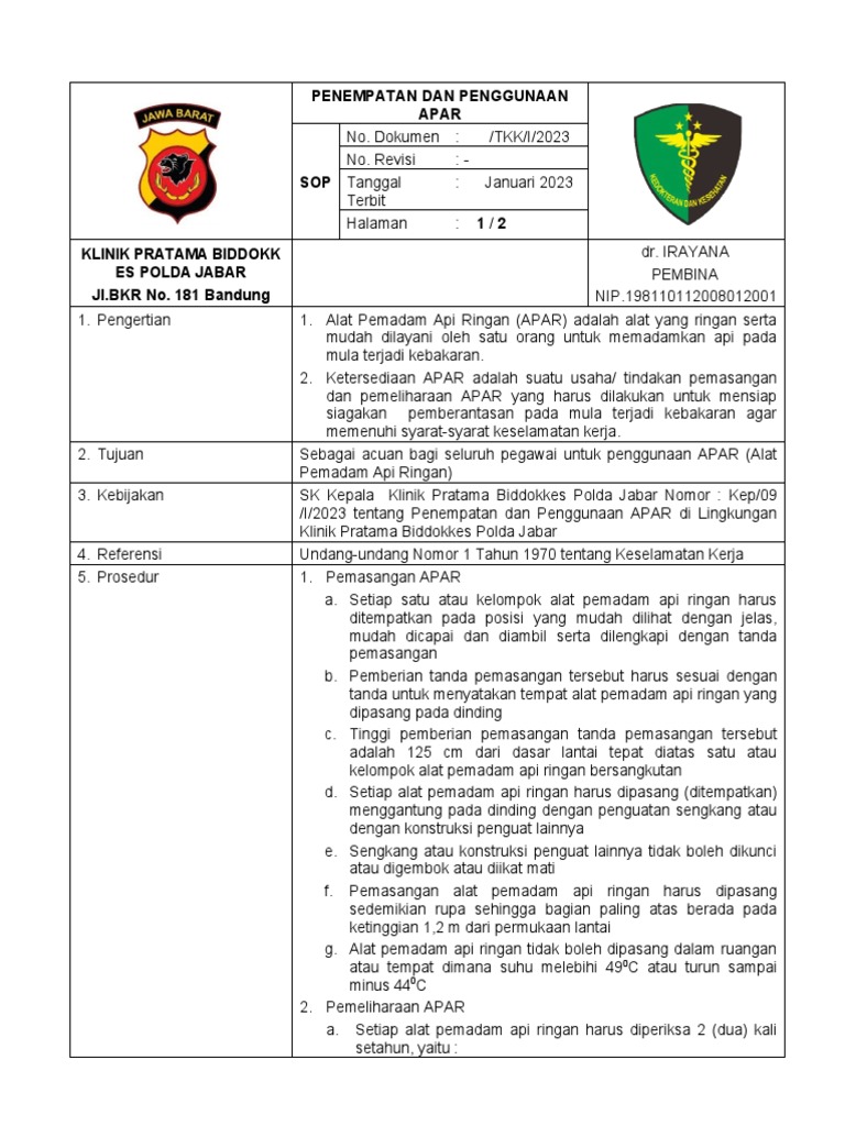6. SOP PENEMPATAN DAN MONITORING APAR | PDF