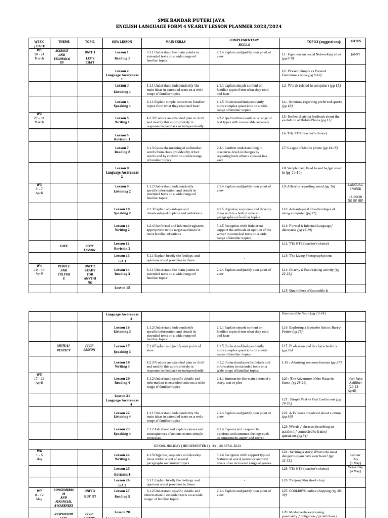 Yearly English Lesson Planner 2023/24 | PDF | Information | Word