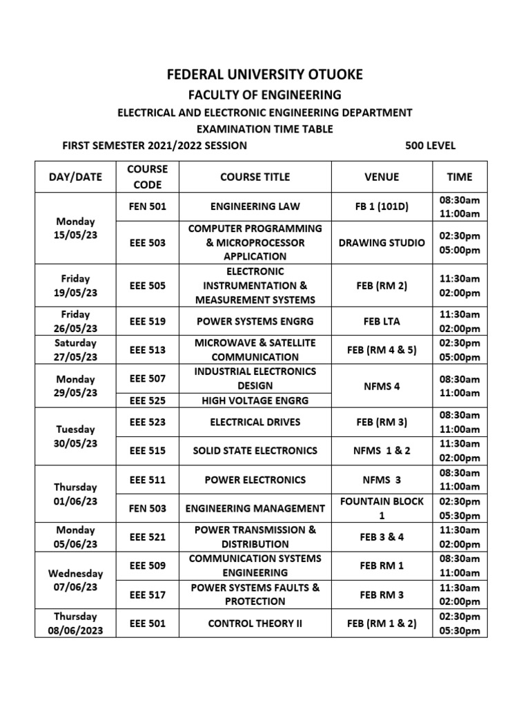 2021-2022 First Semester Exam Time Table Updated | PDF