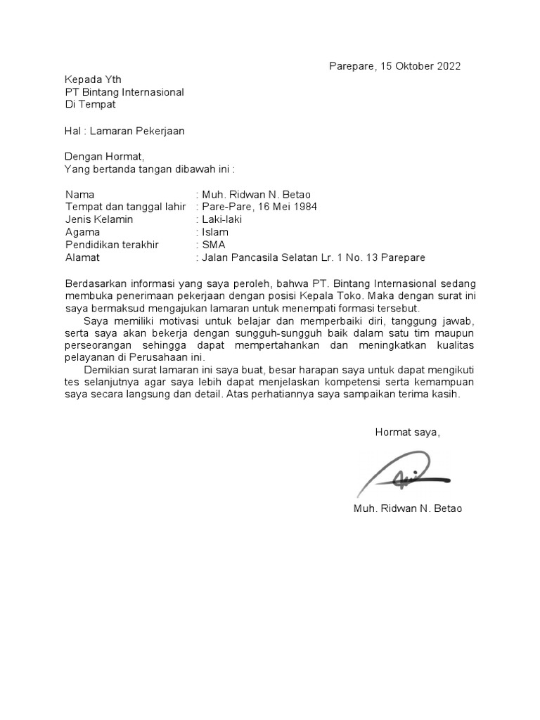 Surat Lamaran Ridoo | PDF