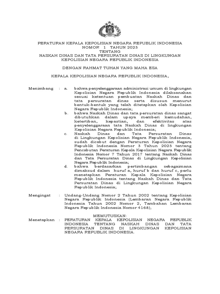 Perkap Nomor 1 THN 2023 Tentang Naskah Dinas Dan Tata Persuratan Dinas ...