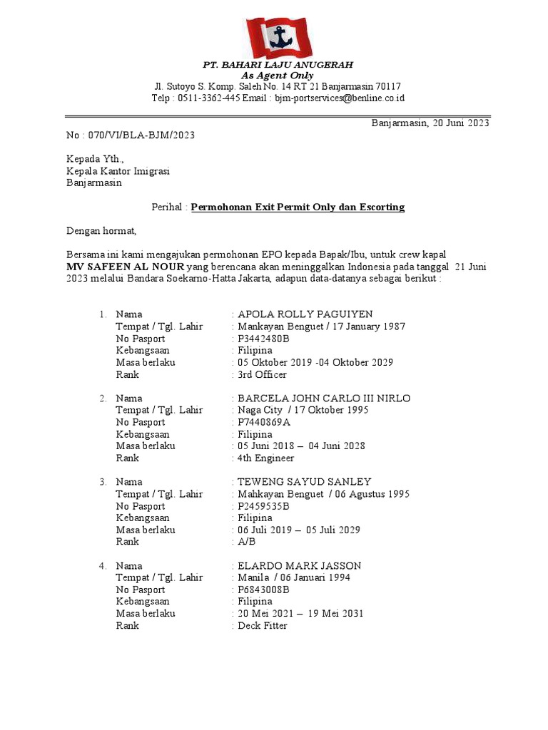 Permohonan Epo Mv. Safeen Al Nour | PDF