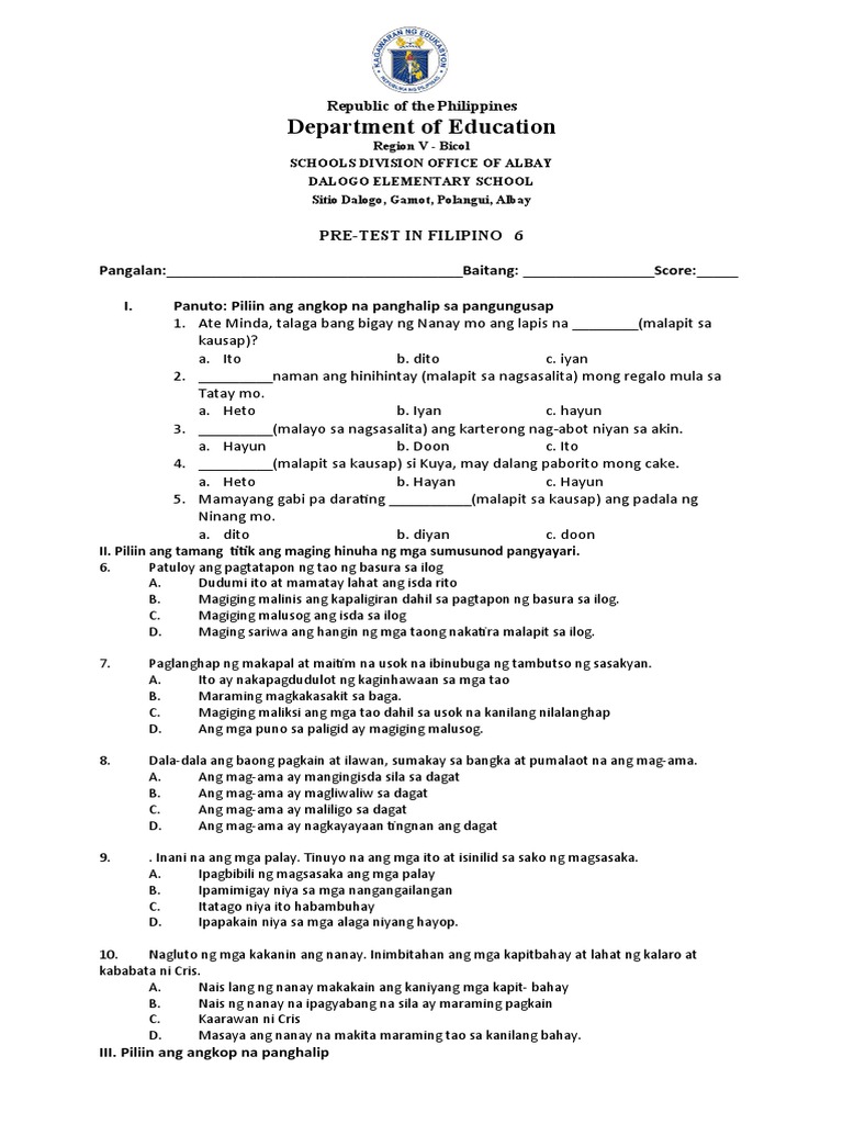 Pre-Test - Filipino 6 | PDF