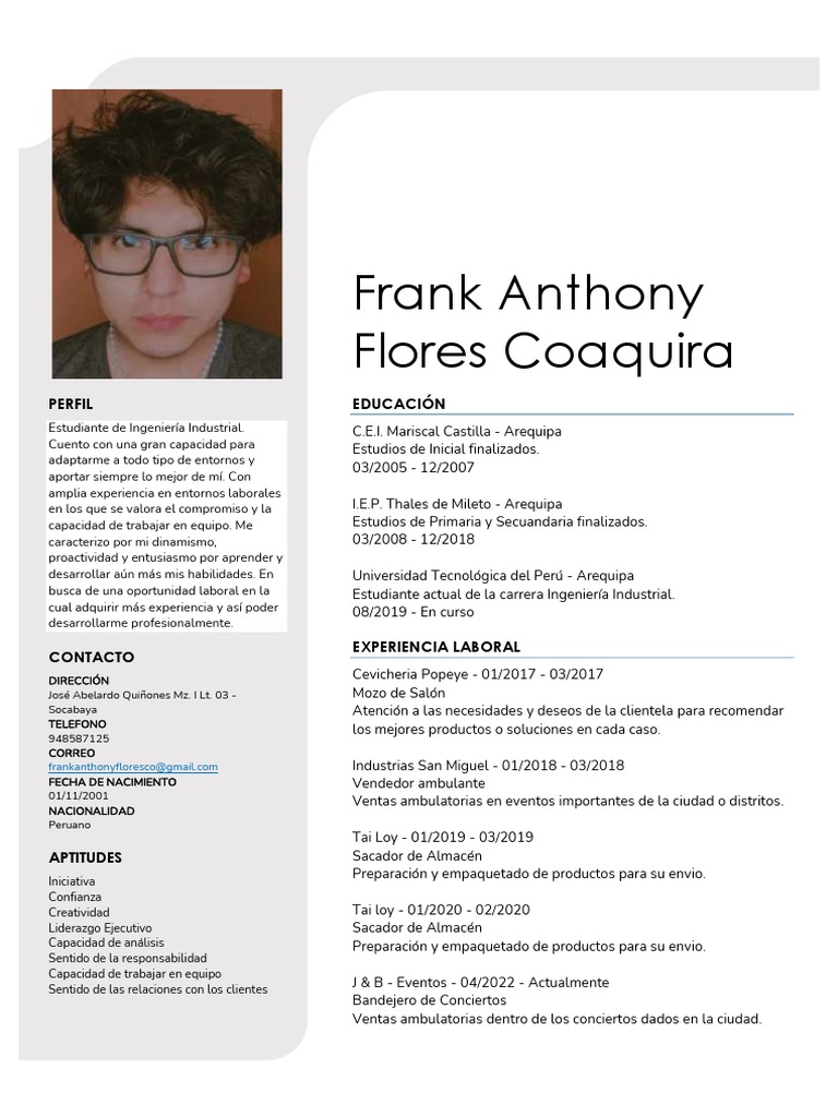 Curriculum Vitae Frank Anthony Flores Coaquira | PDF