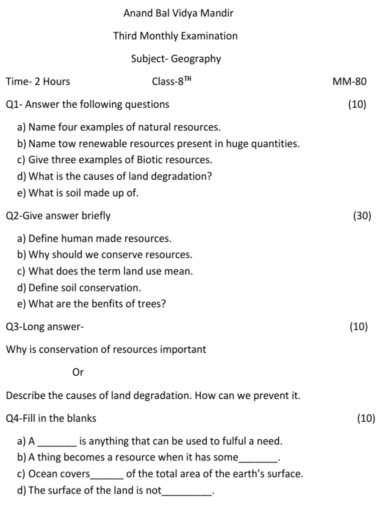 Class 8 Geography Third Monthly Question Paper | PDF