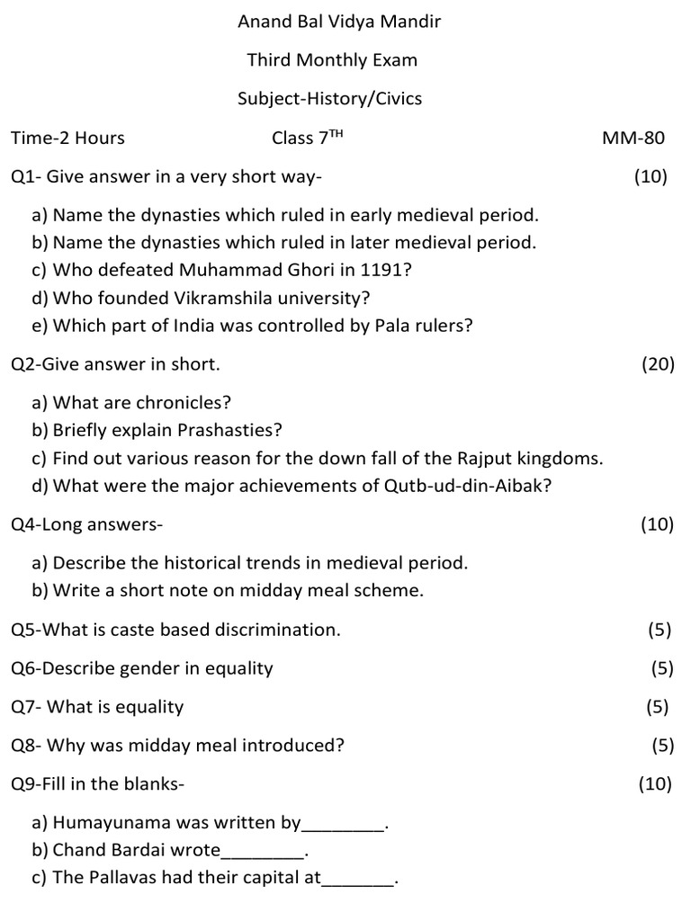 Class 7 History Civics Third Monthly Question Paper | PDF