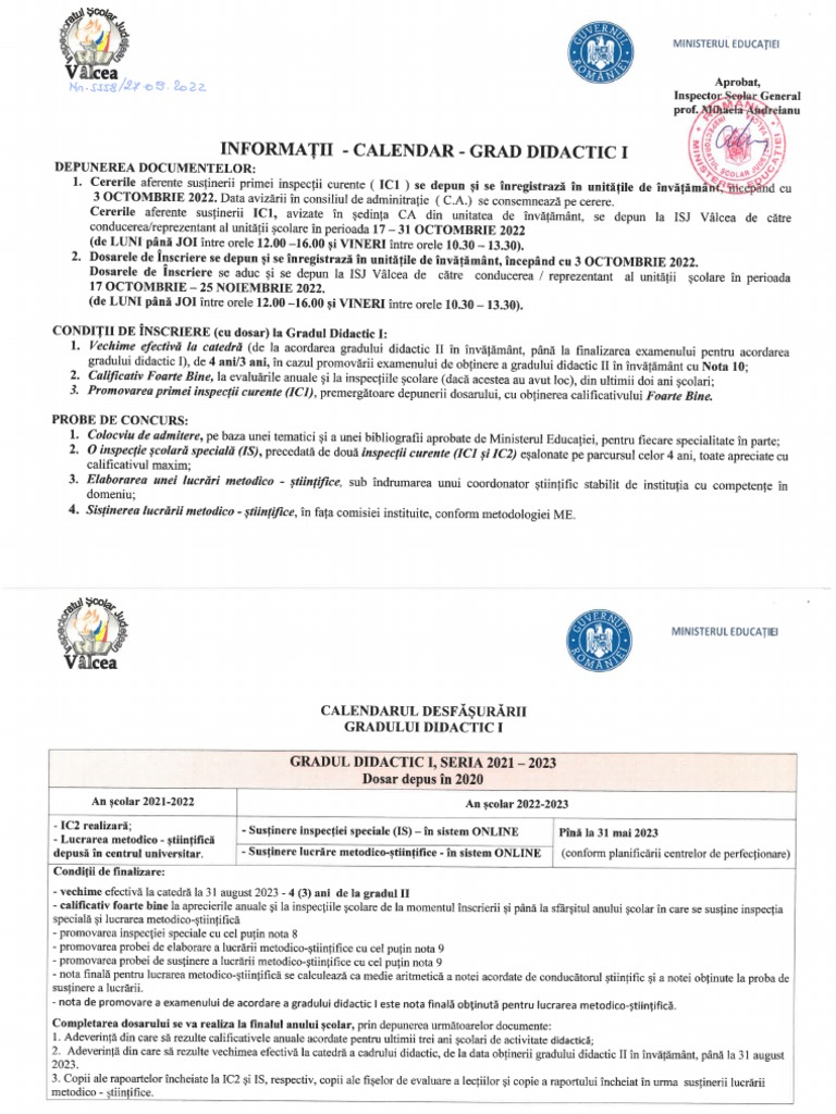 Informații - Calendar - Grad Didactic I | PDF