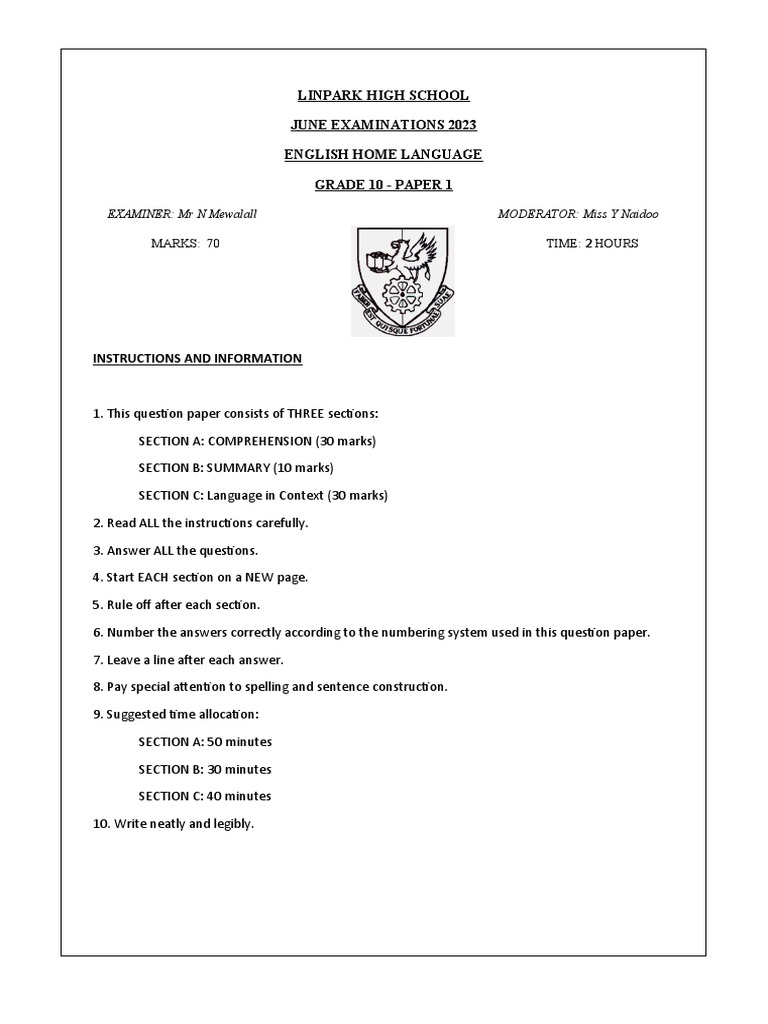 Grade 10 English Exam Paper 1 2023 | PDF