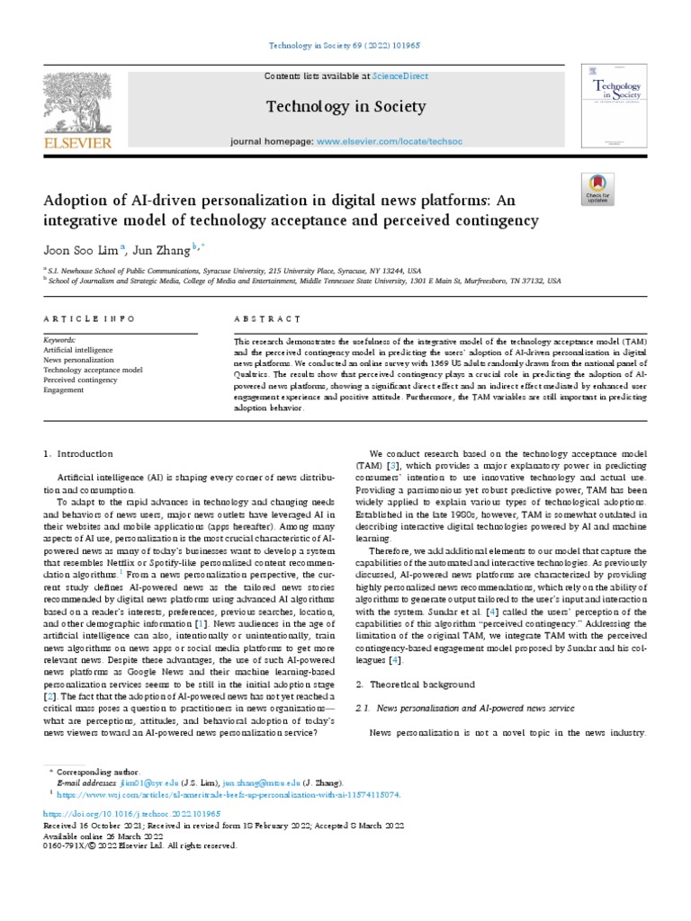 Adoption Of Ai Driven Personalization In Digital News Platforms Pdf