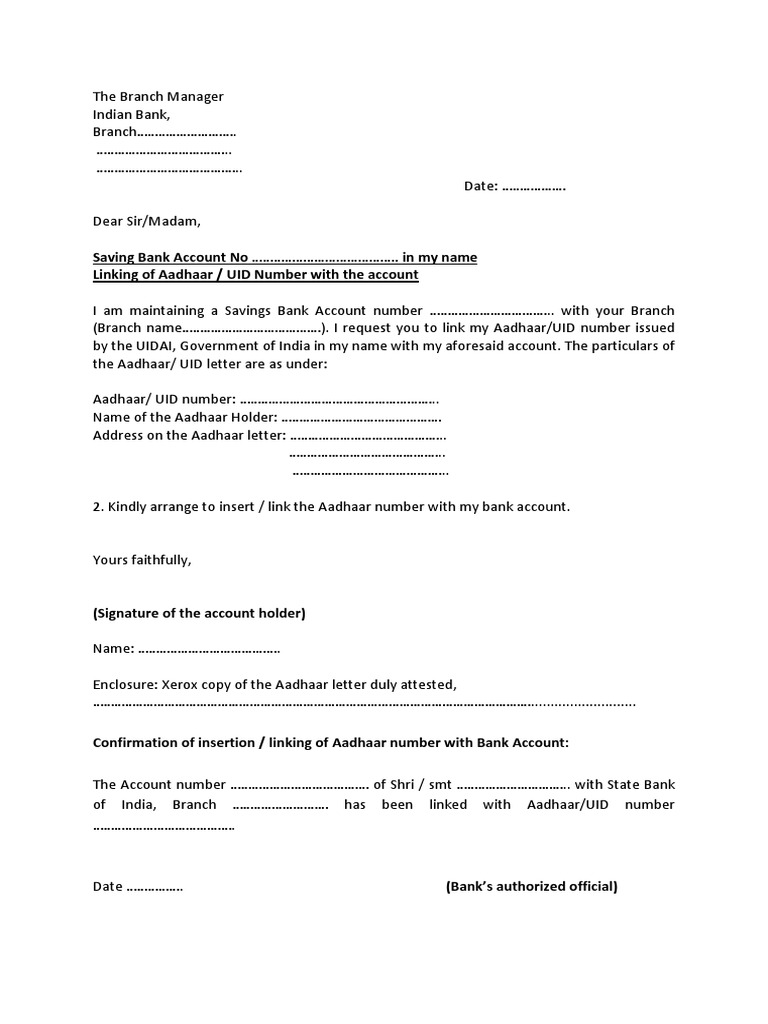 Indian Bank AADHAR SEEDING FORM | PDF