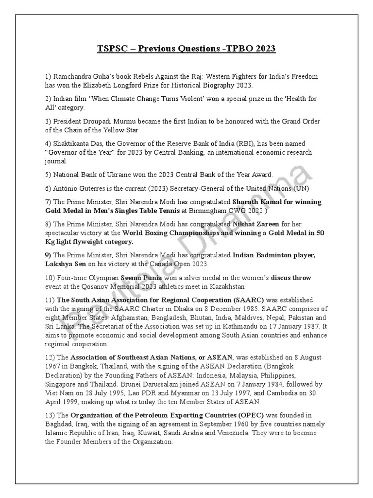 TSPSC - PYQs 2023 - 230807 - 001518 | PDF