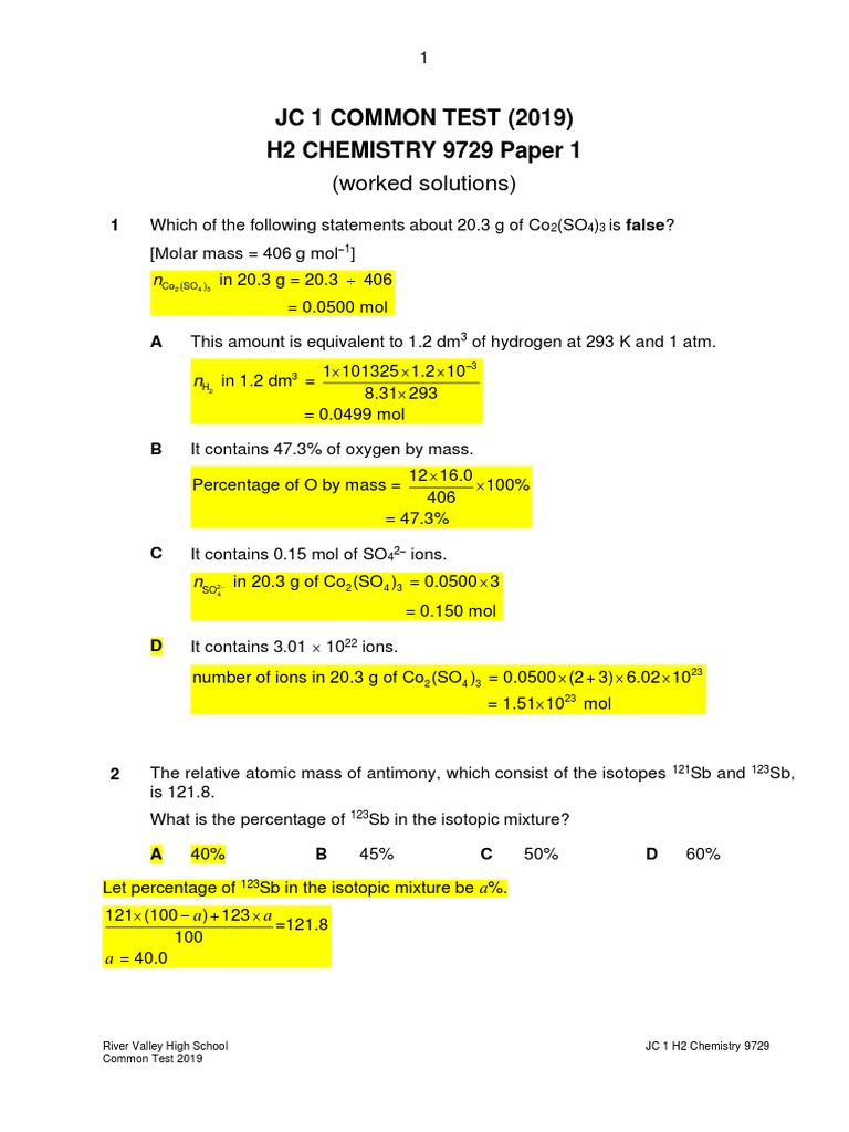 2019 JC 1 H2 Chemistry Common Test - Paper 1 (Worked Solutions ...