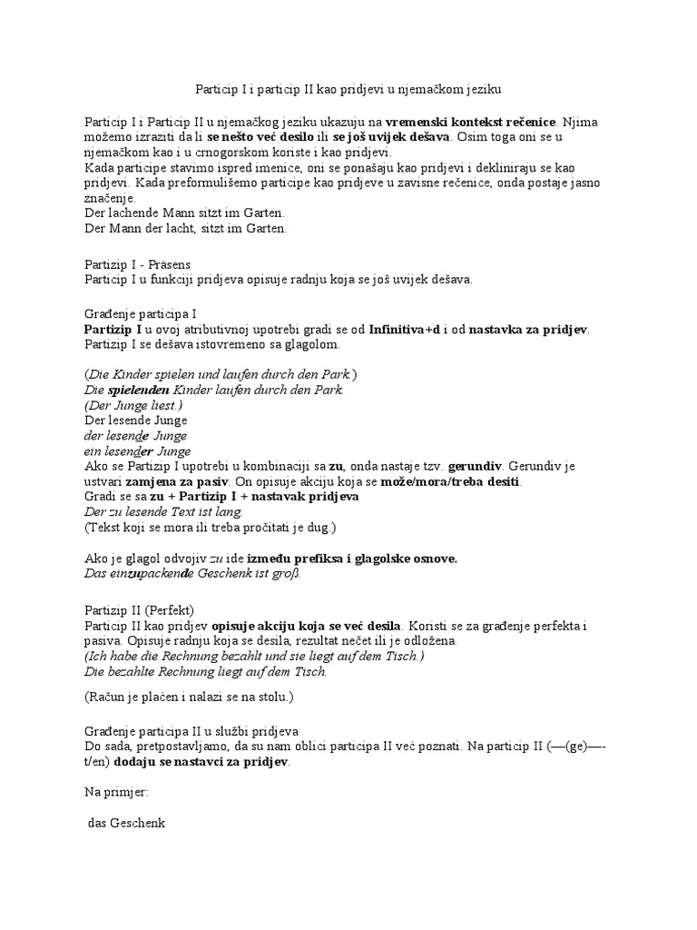 Particip I I Particip II Kao Pridjevi U Njemačkom Jeziku | PDF