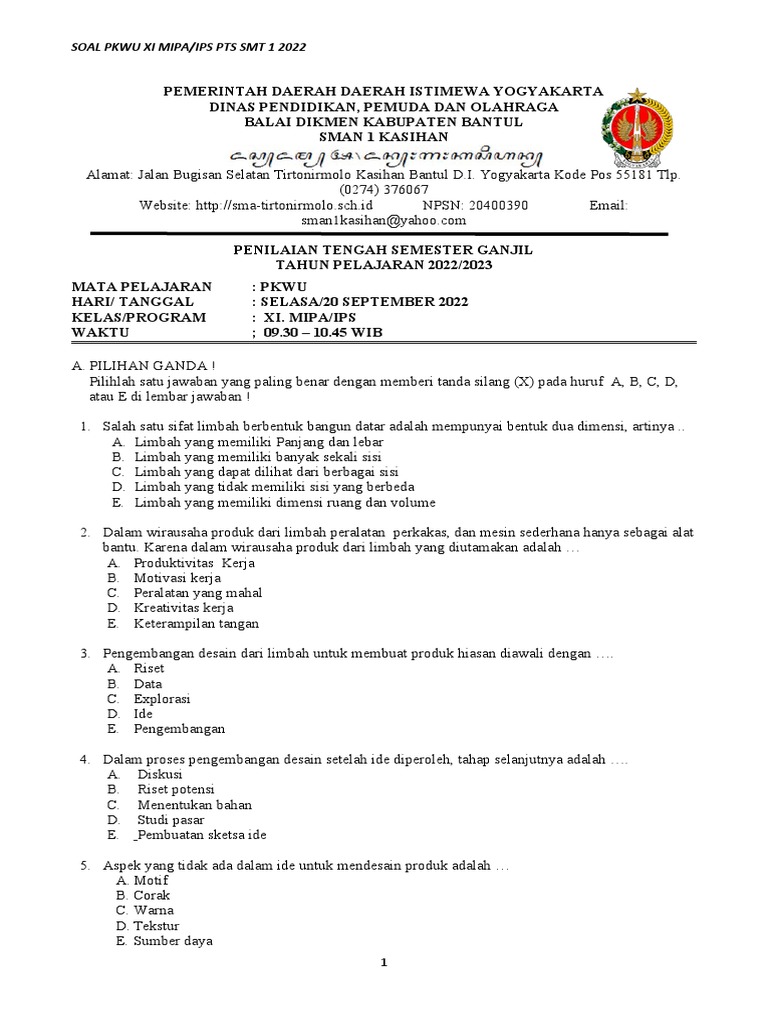 Soal PKWU Kelas XI MIPA/IPS 2022 | PDF