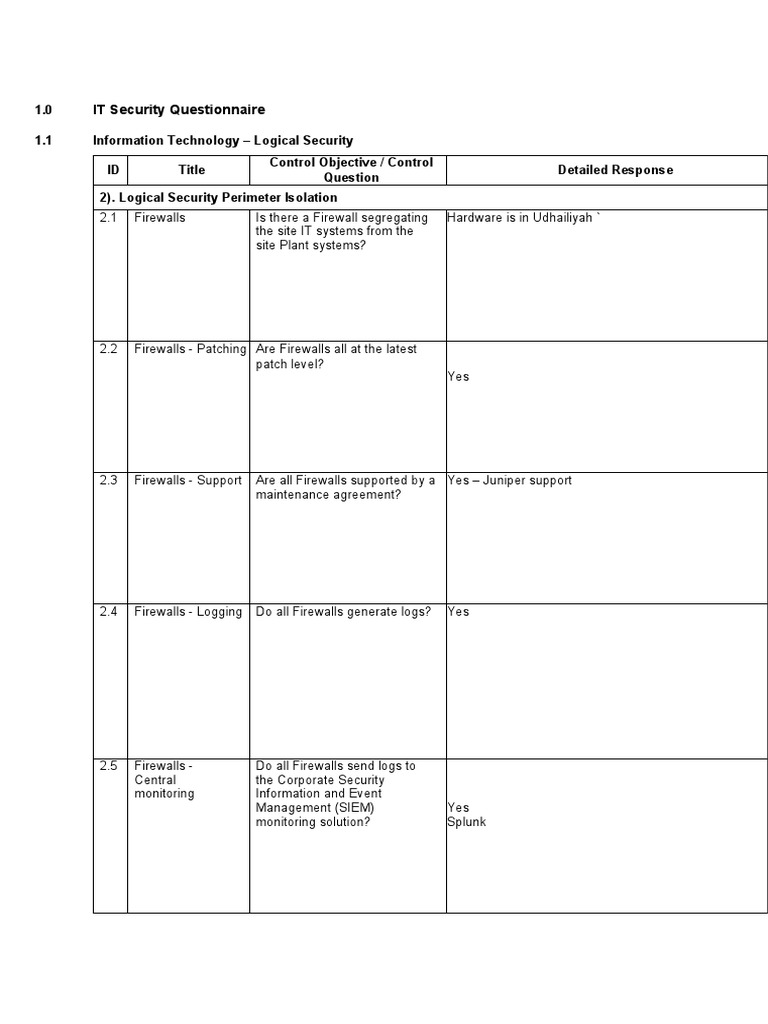 IT ICS Security Architecture Assessment - Questionnaire | PDF ...