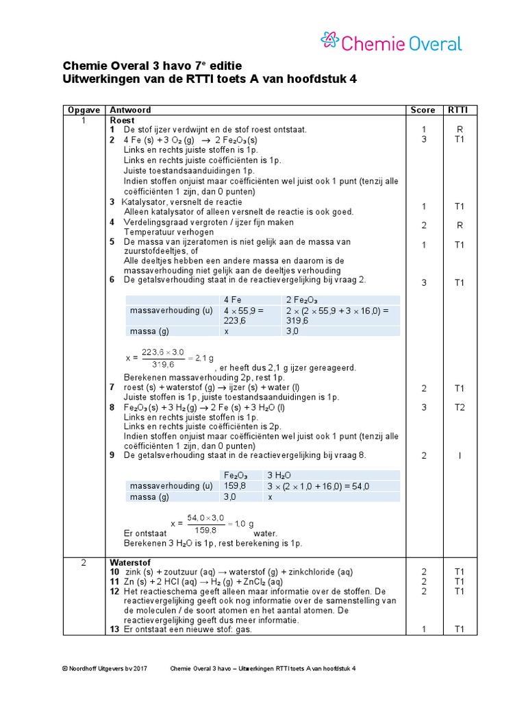Chemie Overal 3 Havo RTTI-Toets A H04 Uitwerkingen | PDF