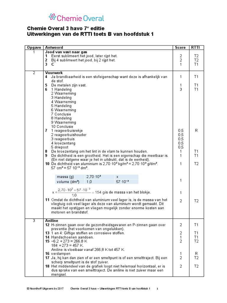 Chemie Overal 3 Havo RTTI-Toets B H01 Uitwerkingen | PDF