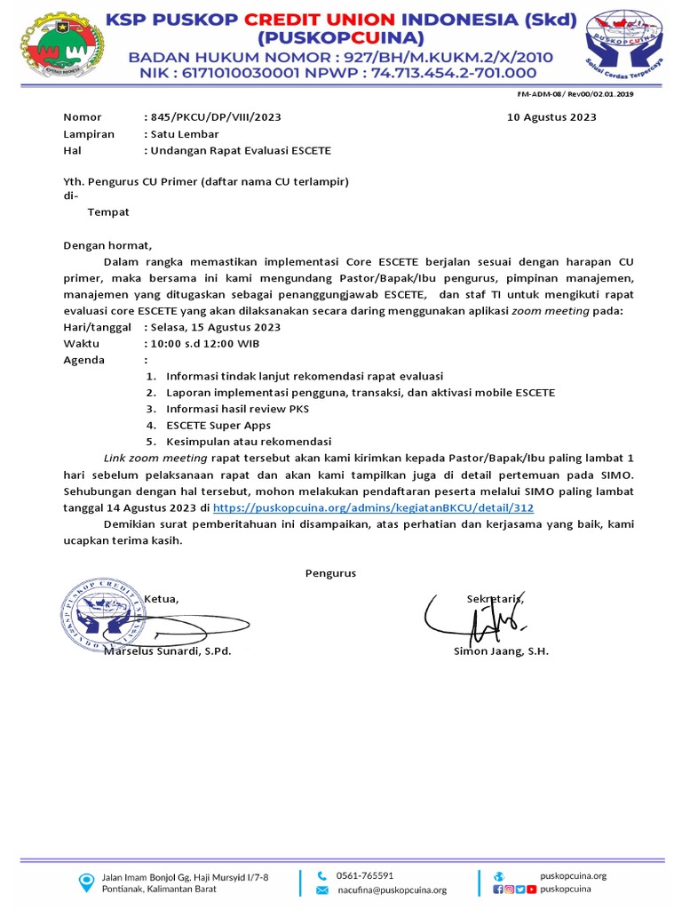 Undangan Rapat Evaluasi ESCETE (CU) | PDF