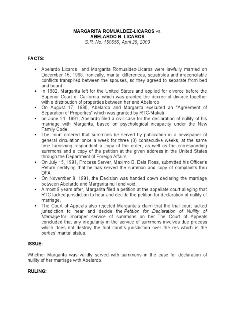 111 - Licaros v. Licaros G.R. No. 150656 | PDF | Service Of Process ...