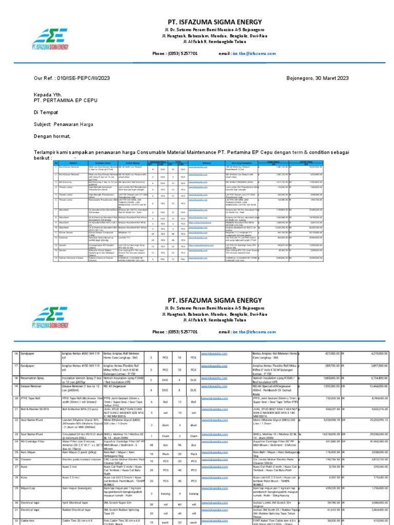 Penawaran Consumable Maintenance E To PEPC - JTB | PDF