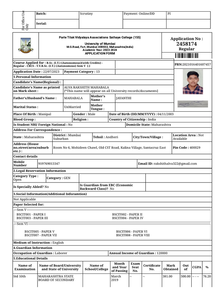 B.Sc. IT Application Form 2023 | PDF