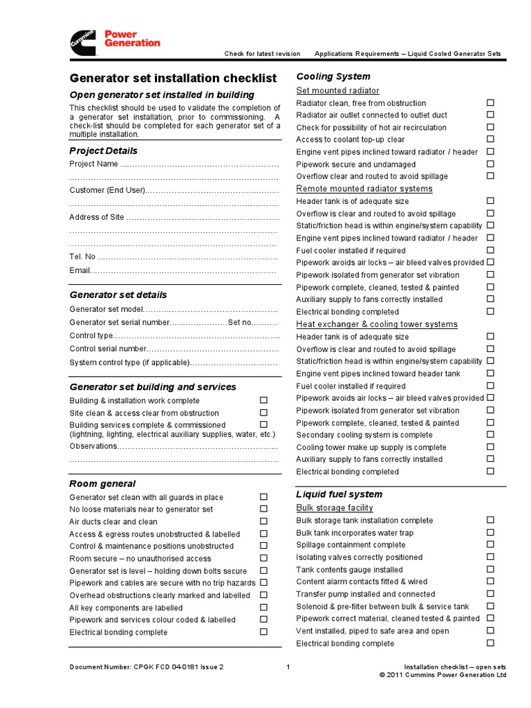 Generator Set Installation Checklist | PDF | Home & Garden | Computers
