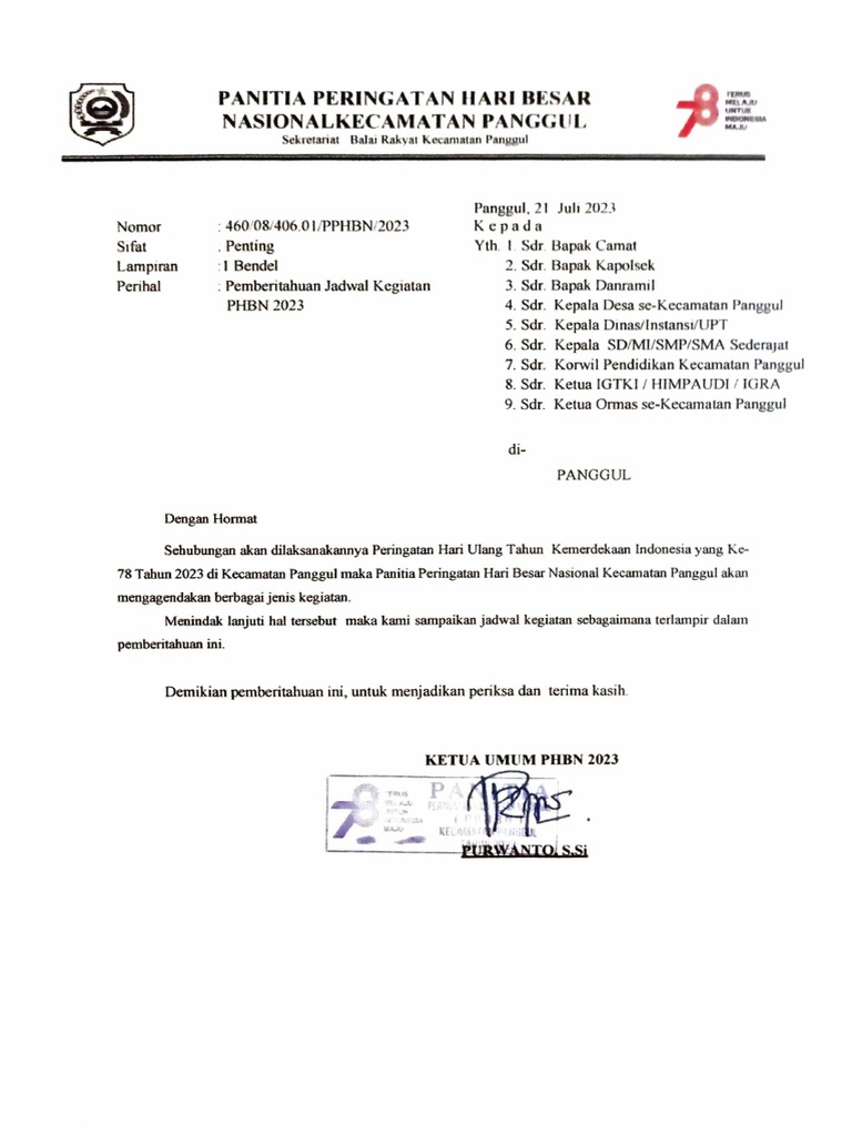 Surat Pemberitahuan Jadwal PHBN 2023 | PDF