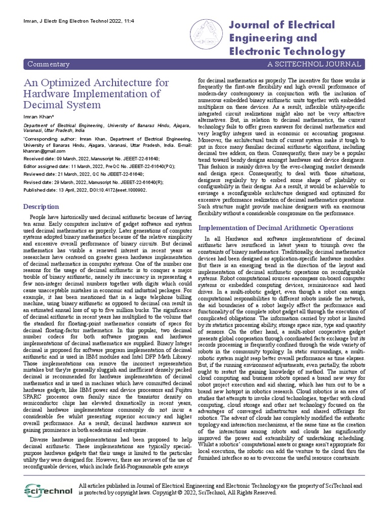 An Optimized Architecture For Hardware Implementation of Decimal System ... An Optimized Architecture For Hardware Implementation of Decimal System ...