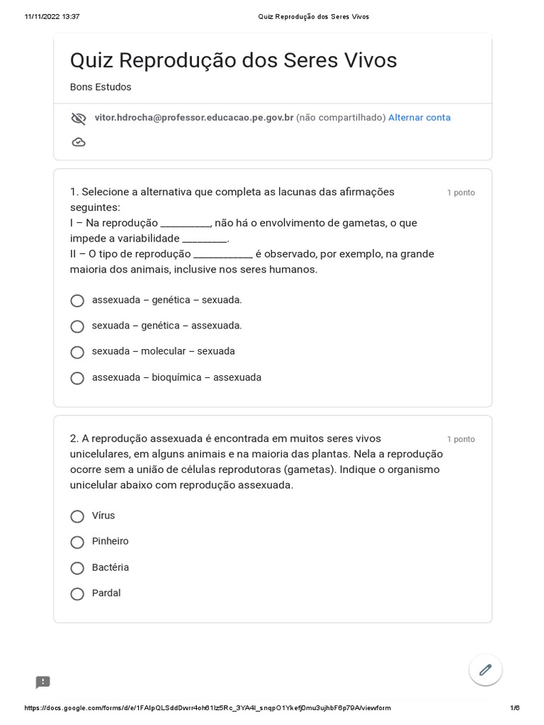 Quiz Reprodução Dos Seres Vivos | PDF