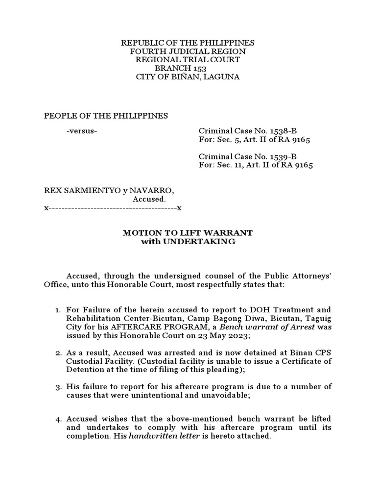 Motion to Lift Bench Warrant for Sarmiento | PDF | Social Science | Law