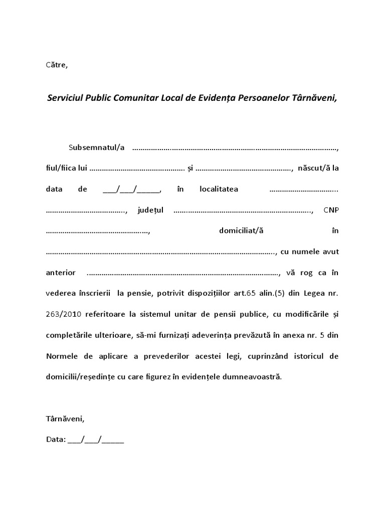 Formular Solicitare Adeverinta Nr.5 Din Norme La L.263 Pe 2010 | PDF