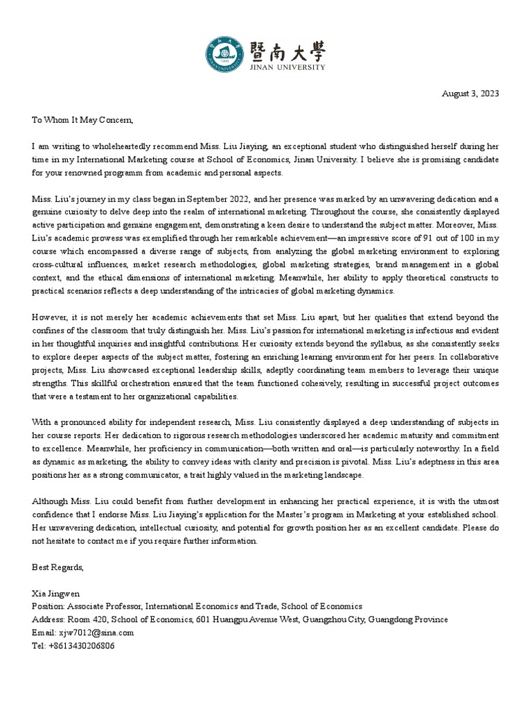 Recommendation for Liu Jiaying's Marketing Program | PDF