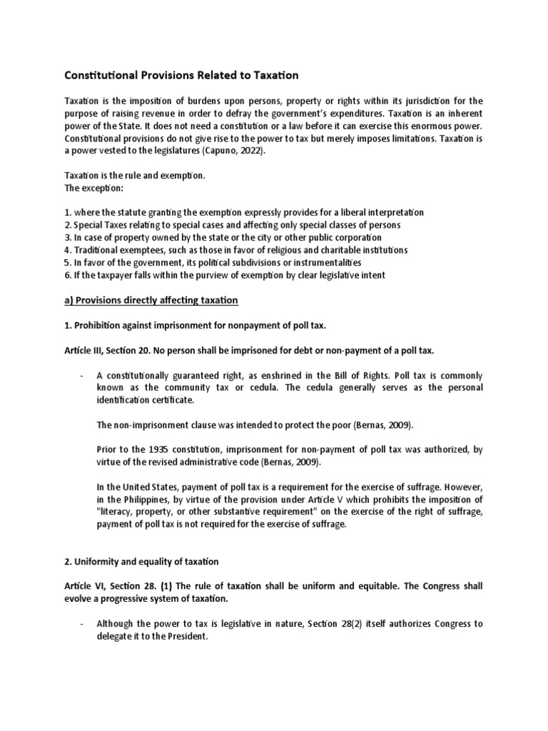 Taxation Constitutional Provisions Explained | PDF | Taxes | Tax Exemption