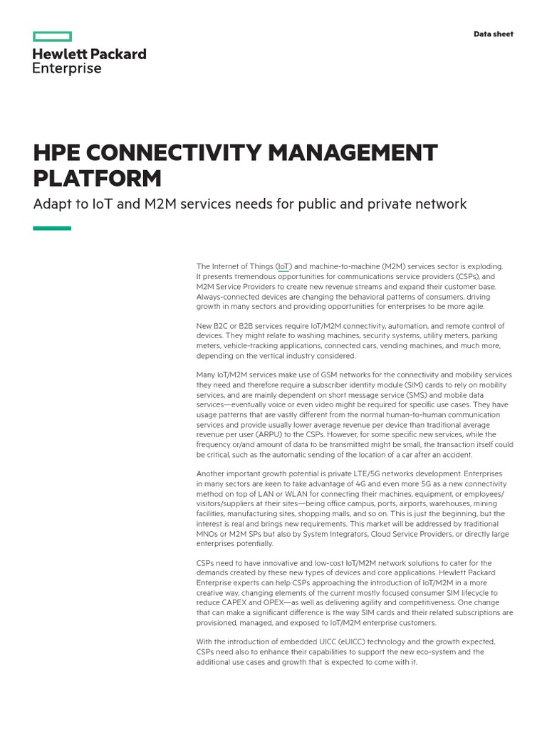 Hpe Connectivity Management Platform: Adapt To Iot and M2M Services ...