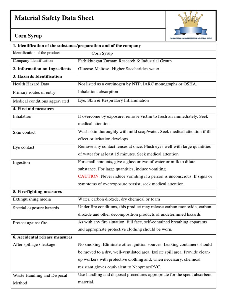 Corn Syrup Safety Data Overview | PDF | Waste Management | Personal ...