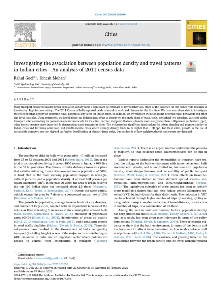 Investigating The Association Between Population Density and Travel Patternsin Indian Cities-An ...
