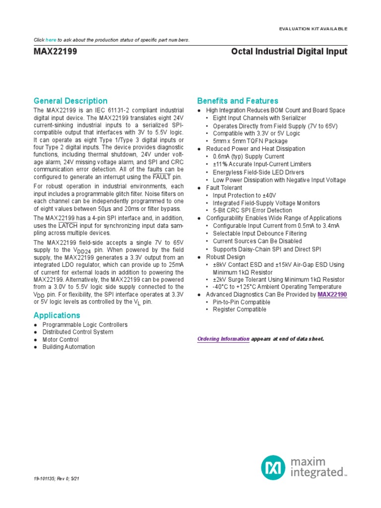 MAX22199 Octal Digital Input | PDF | Input/Output | Resistor