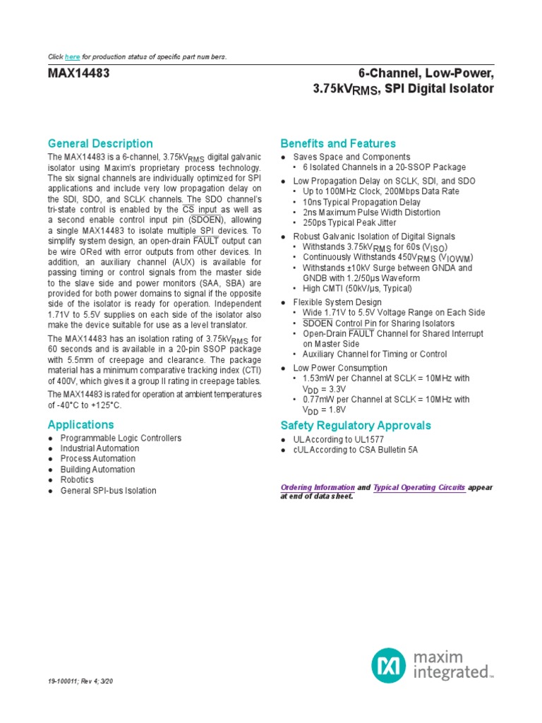 MAX14483 SPI Isolator | PDF