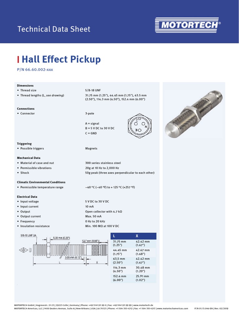 MOTORTECH Technical Data Sheet Hall Effect Pickup 66.60.002 L 01.13.046 ...