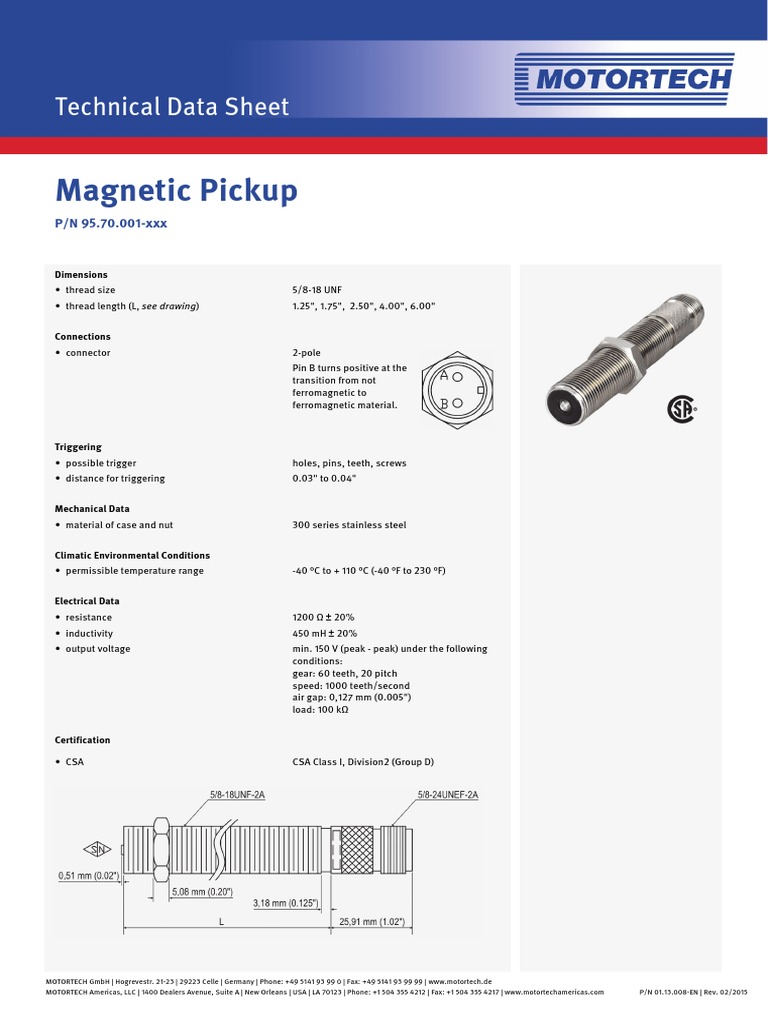 MOTORTECH Technical Data Sheet Magnetic Pickup 95.70.001 L 01.13.008 EN 2015 02 | PDF