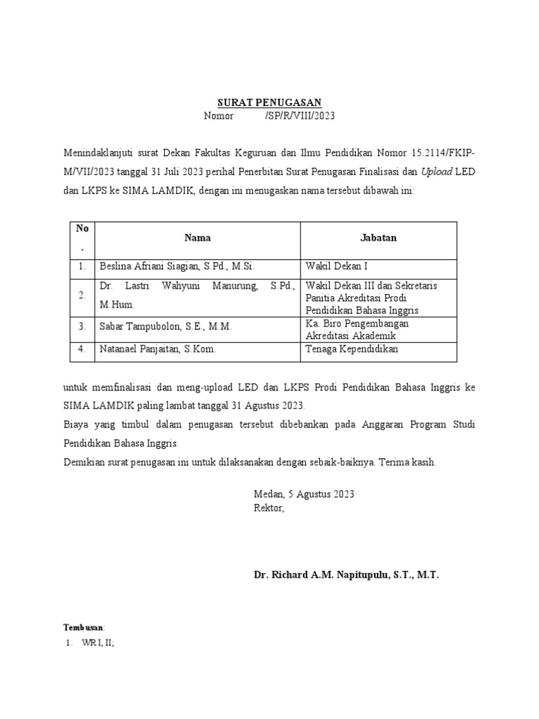 Penugasan Finalisasi LKPS SIMA LAMDIK | PDF