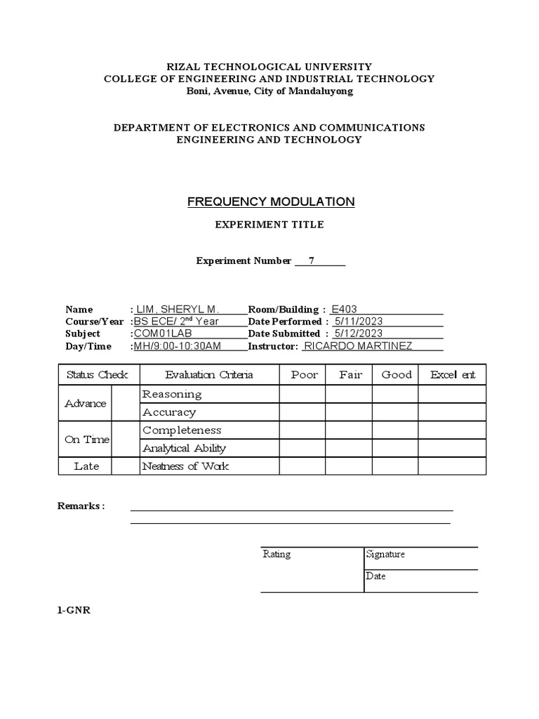 Exp 7 - Com01lab - Lim | Download Free PDF | Frequency Modulation | Radio