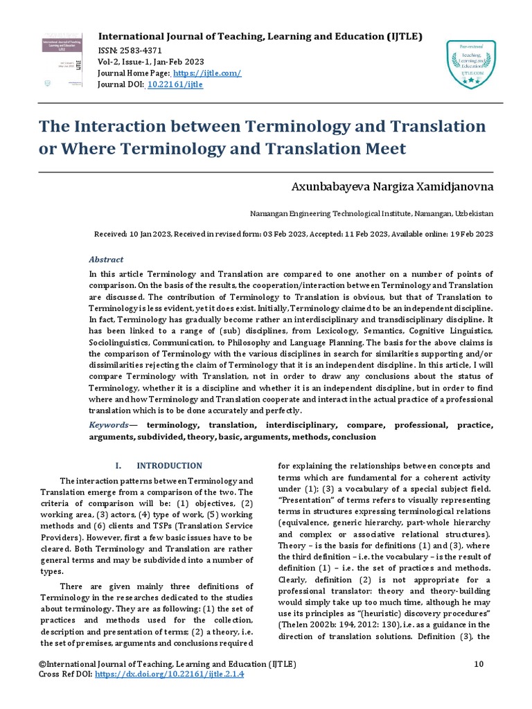 The Interaction Between Terminology and Translation or Where Terminology and Translation Meet | PDF