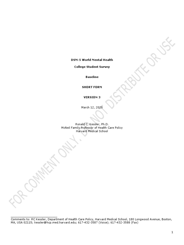 DSM-5 Baseline Qualtrics WMH College Student Survey - Short Form V3 ...