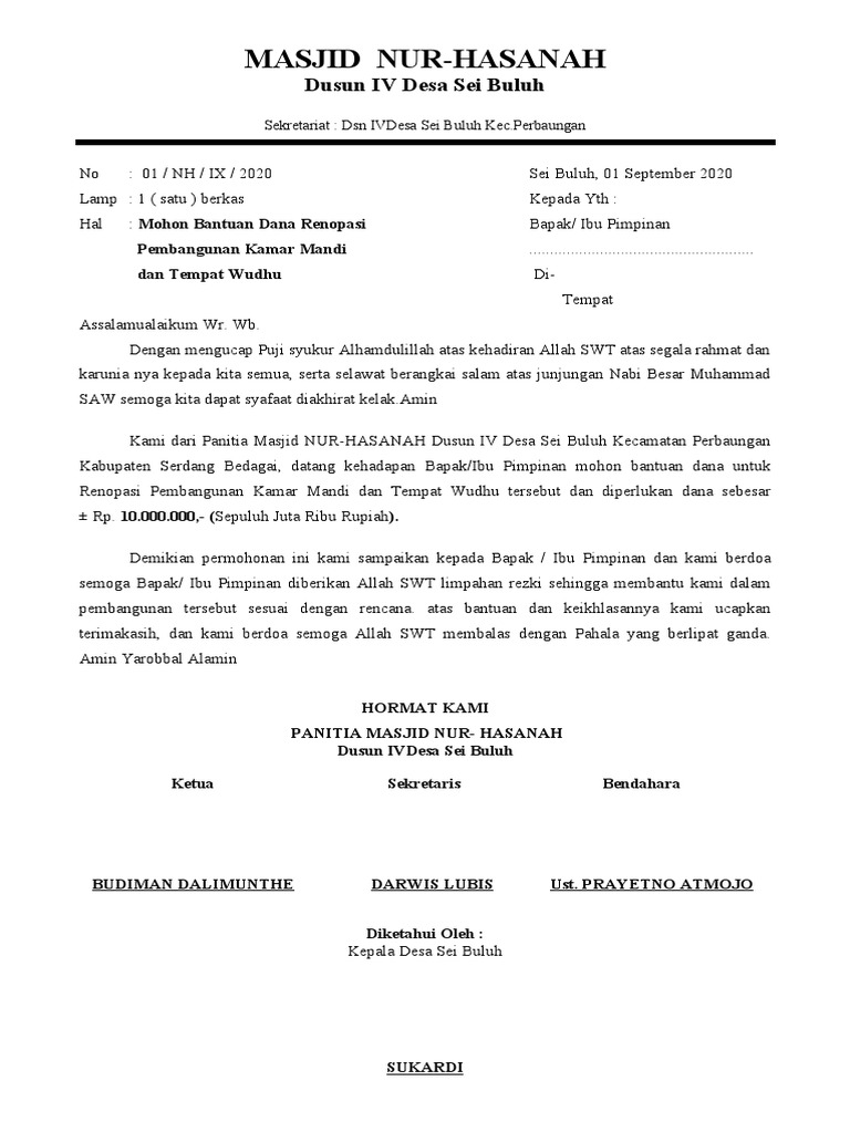 (PROPOSAL) Bantuan Pembuatan KAMAR MANDI Dan Tempat Wudhu NUR HASANAH | PDF