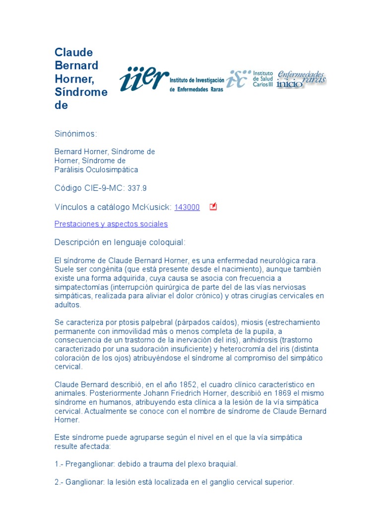 Sindrome de Claude Bernard Horner | PDF | Sistema nervioso | Anatomía ...