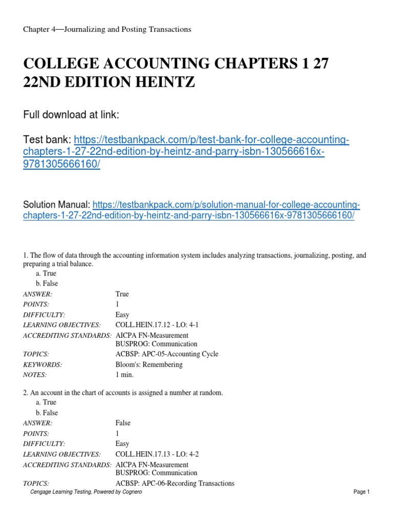 College Accounting Chapters 1 27 22nd Edition Heintz Test Bank 1 | PDF ...