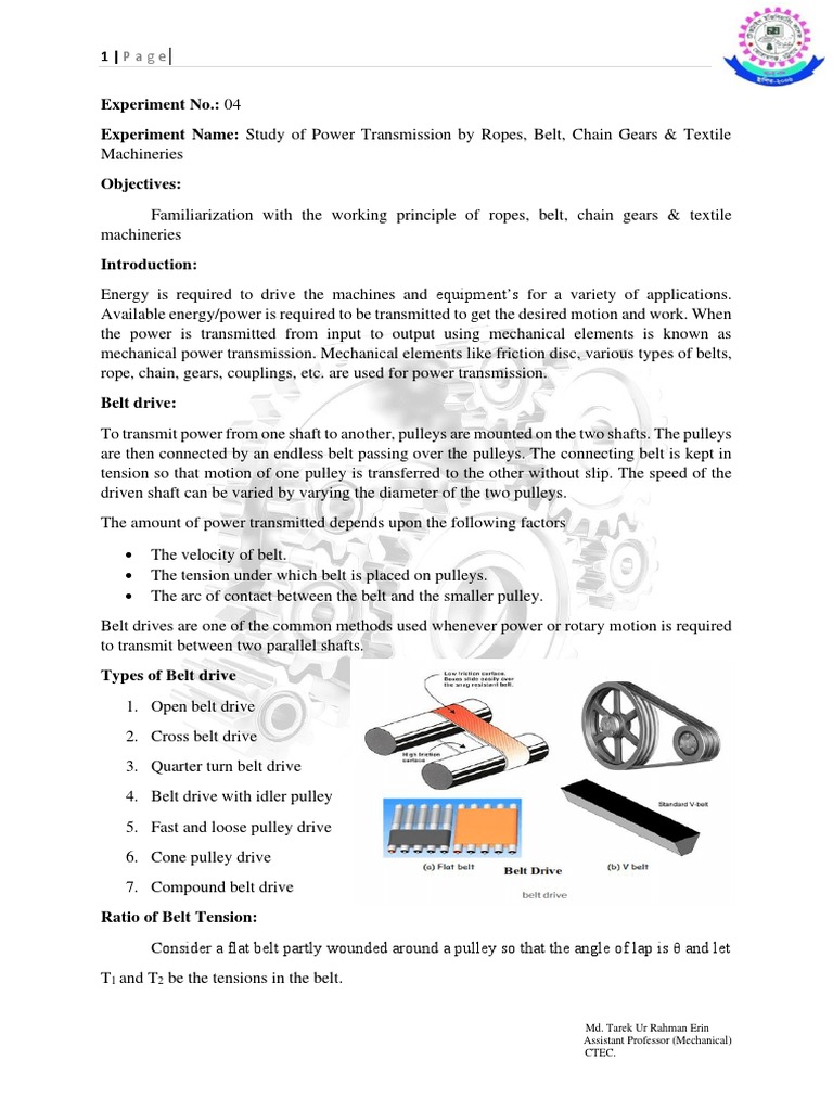 Study of Power Transmission by Ropes, Belt, Chain Gears & Textile ...
